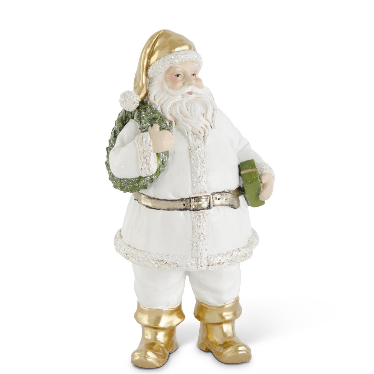 White & Gold Resin Santa with Wreath & Package – give.